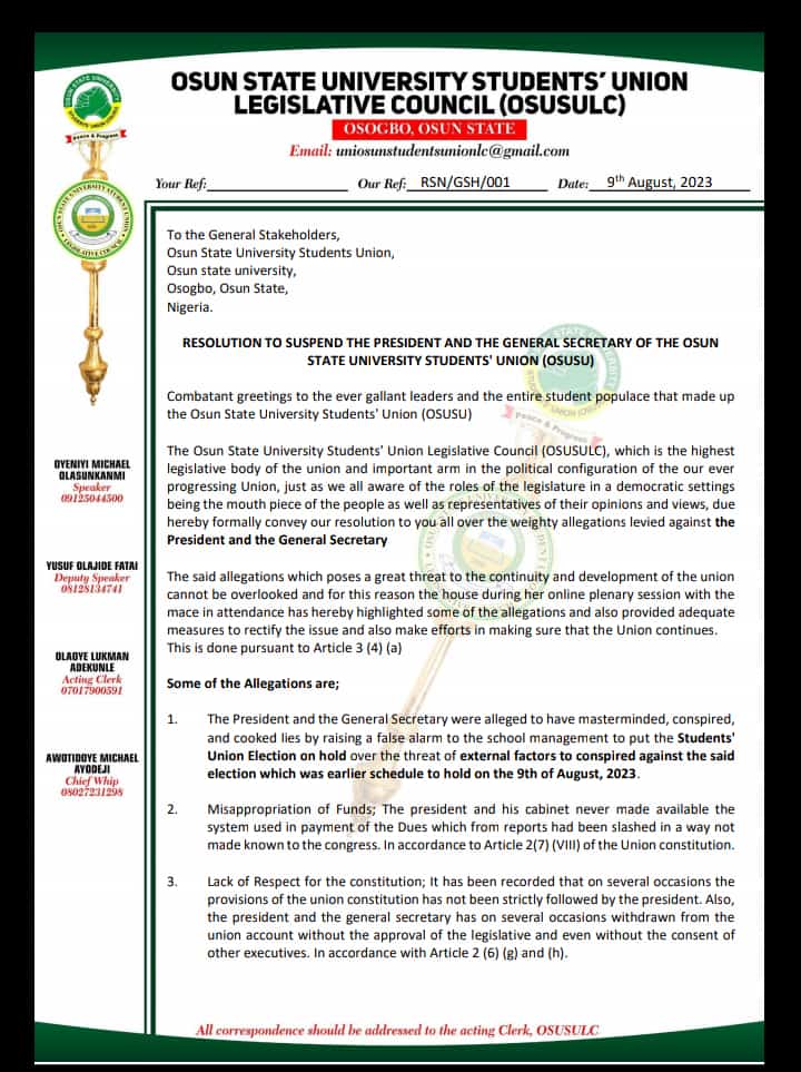 UNIOSUN Students' Union President, General Secretary Suspended Indefinitely