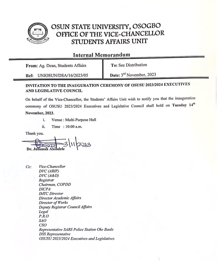 UNIOSUN To Inaugurate New Students' Union Leaders On November 14 ...