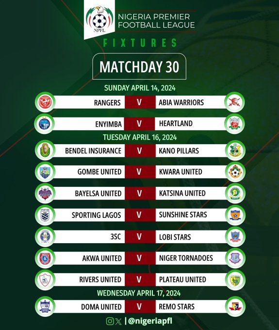 NPFL Fixes New Dates For Matchday 30 Fixtures - OsunDefender